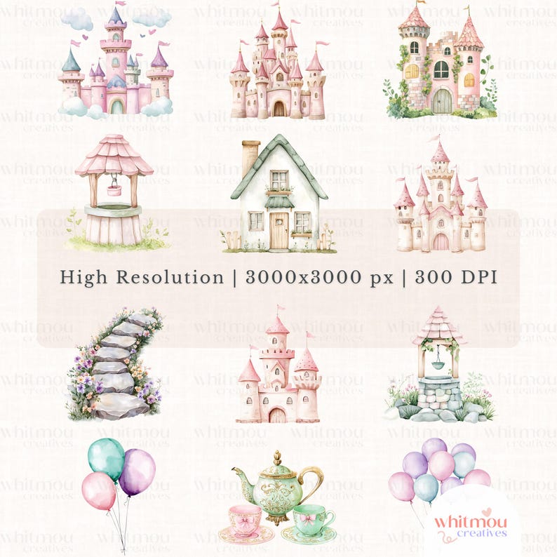 Watercolor Princess Clipart Bundle: Royal Prince, Castle, Unicorn (PNG ...