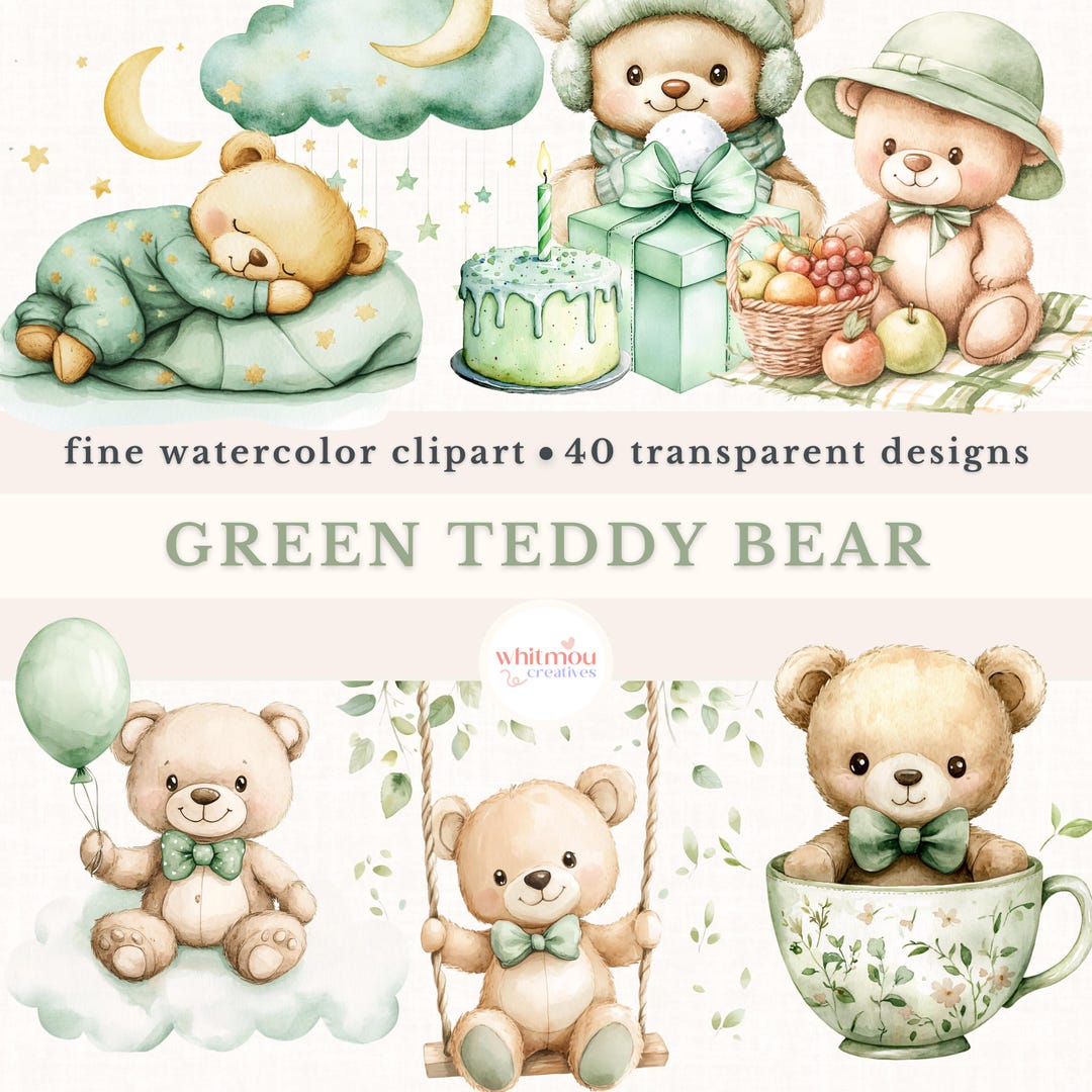 Watercolor Green Teddy Bear Clipart Bundle Cute Teddy Png Baby Bears ...
