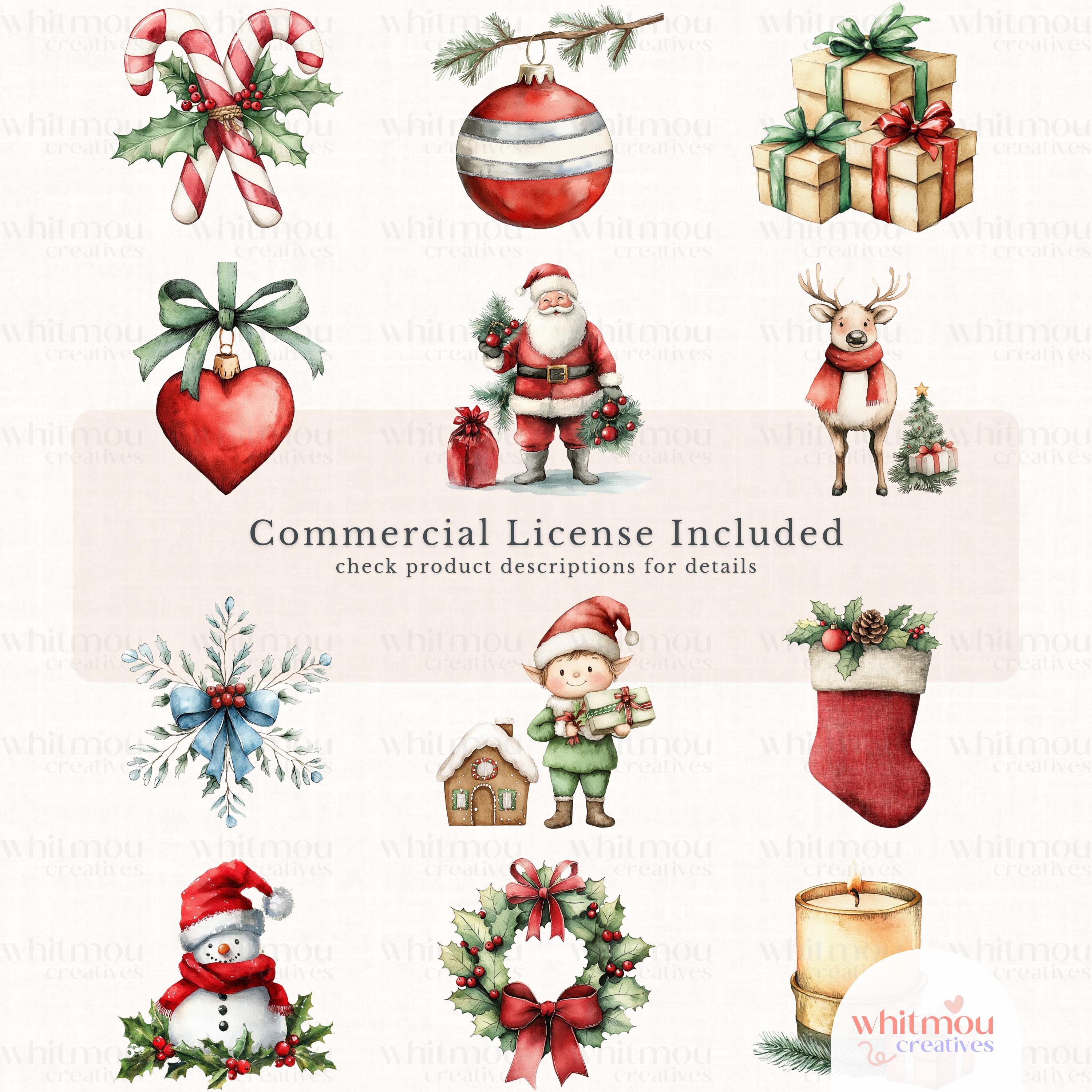 Watercolor Christmas Clipart Bundle: Rustic Holiday PNG (commercial Use ...
