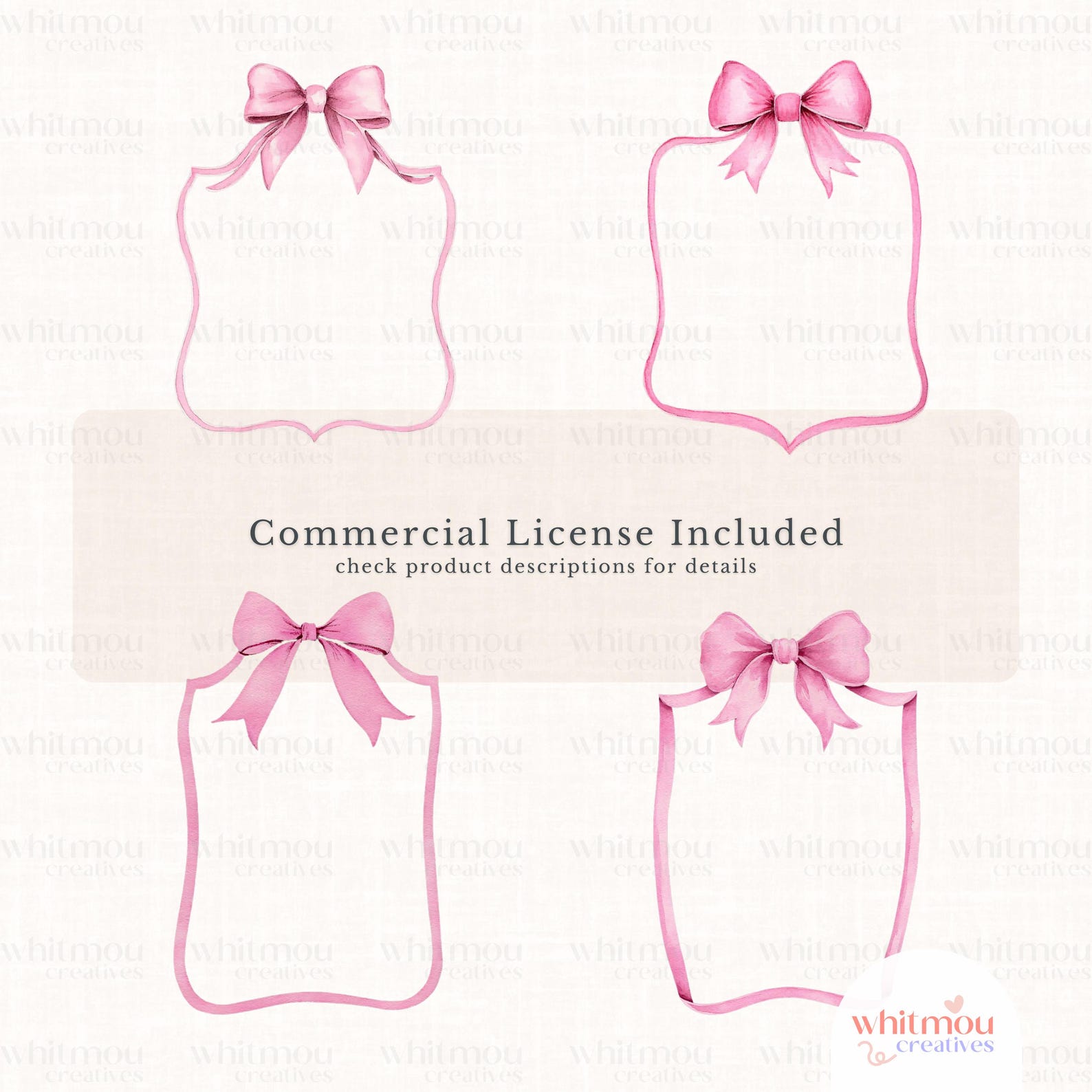 Watercolor Coquette Ribbon Frames Clipart Bundle Commercial Use Pink ...