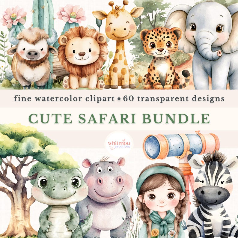 Watercolor Cute Safari Animals Clipart Bundle Commercial Use Jungle ...