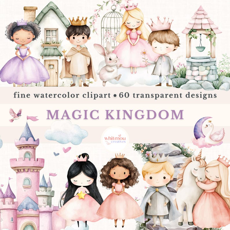 Watercolor Princess Clipart Bundle: Royal Prince, Castle, Unicorn (PNG ...