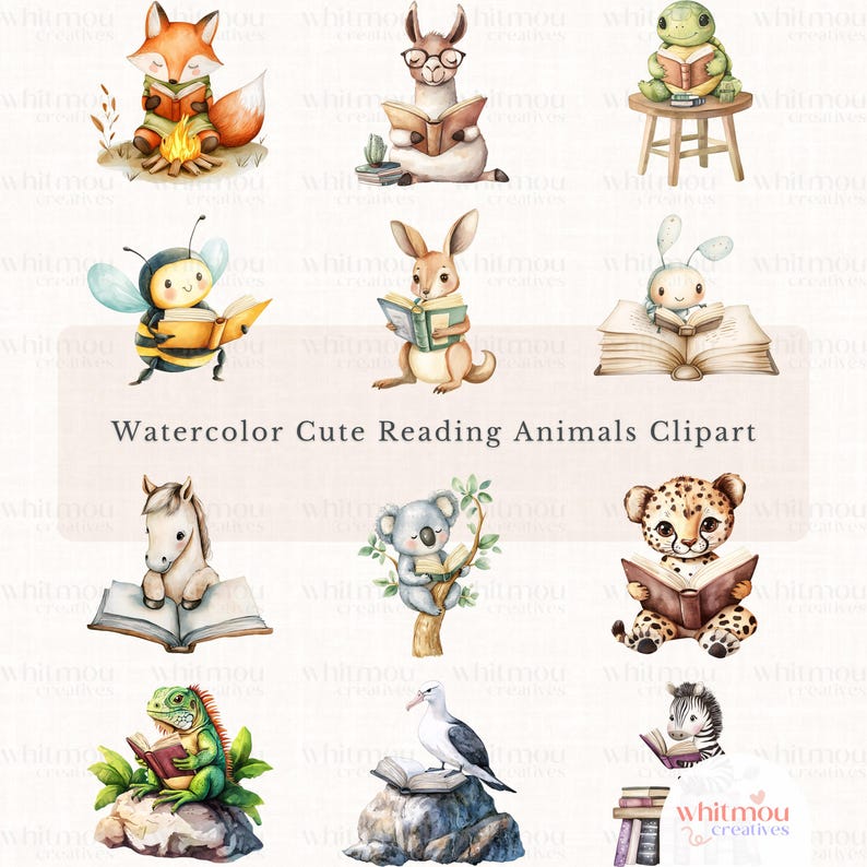 Watercolor Reading Animals Clipart: Book Lover PNG Bundle (commercial ...