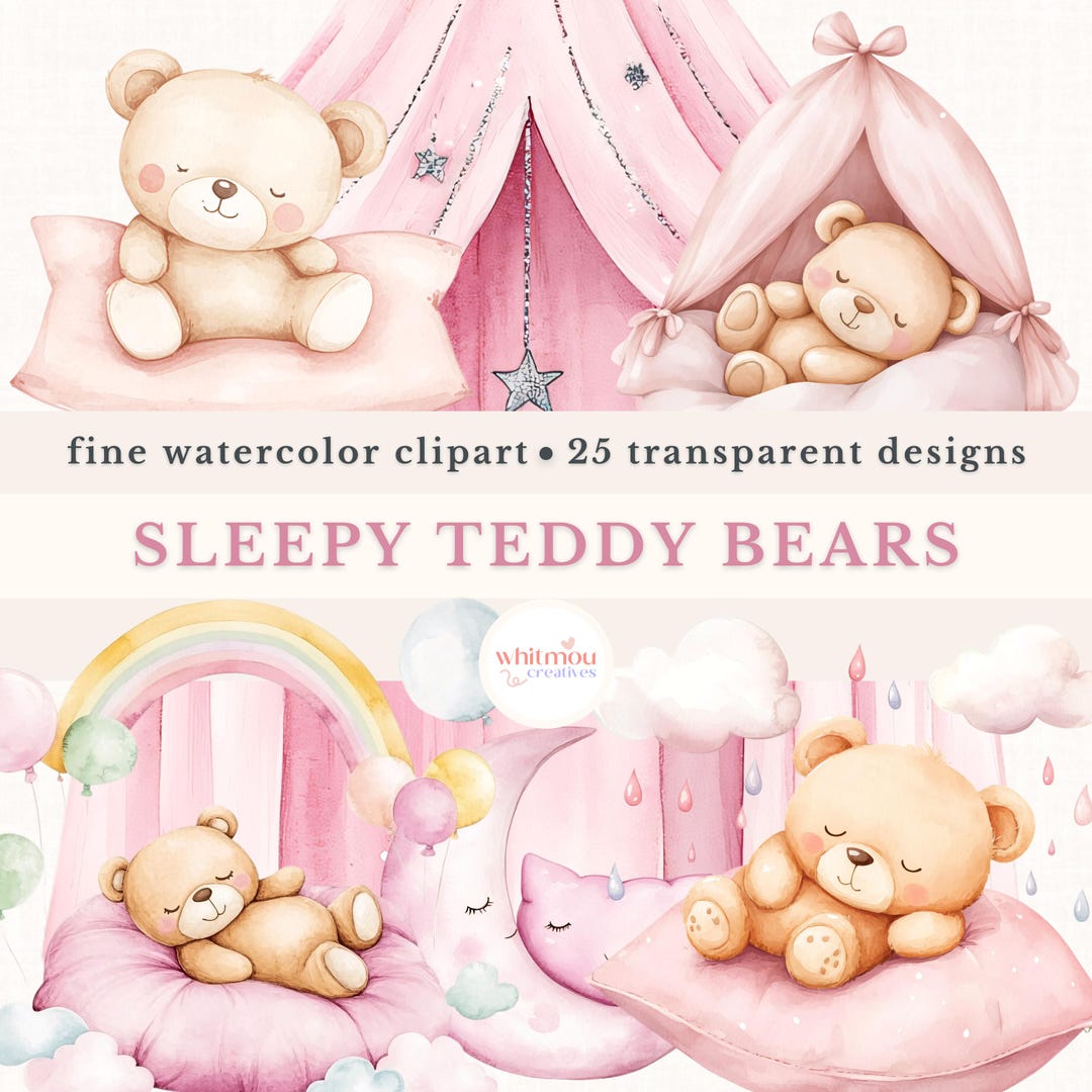 Watercolor Sleepy Teddy Bear Clipart: Pink Nursery PNG Bundle (digital ...