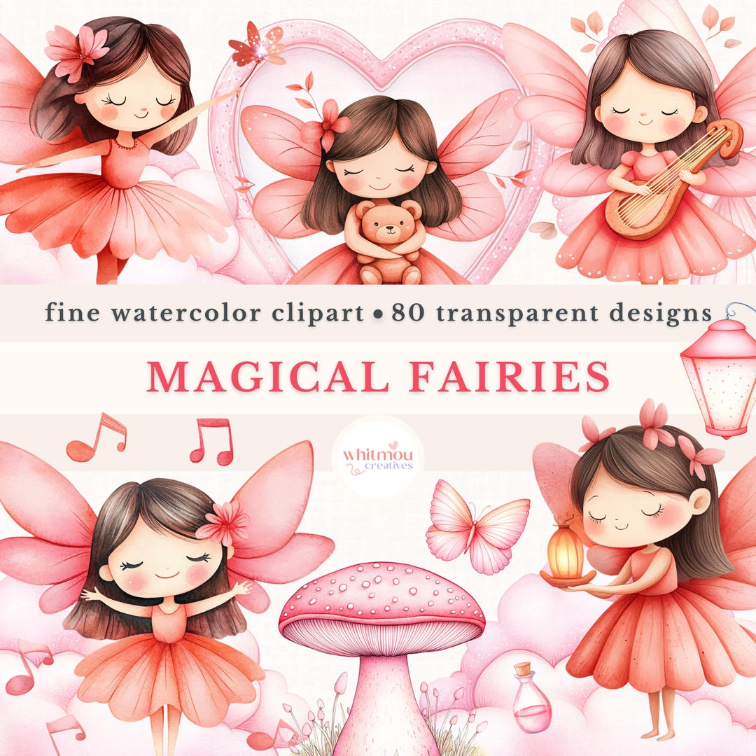 Watercolor Pink Fairy Clipart Bundle: Magical Princess PNG (digital ...
