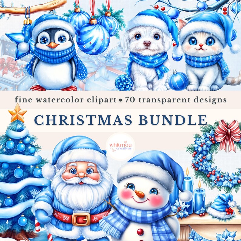 Watercolor Blue Christmas Clipart Bundle Commercial Use Rustic ...
