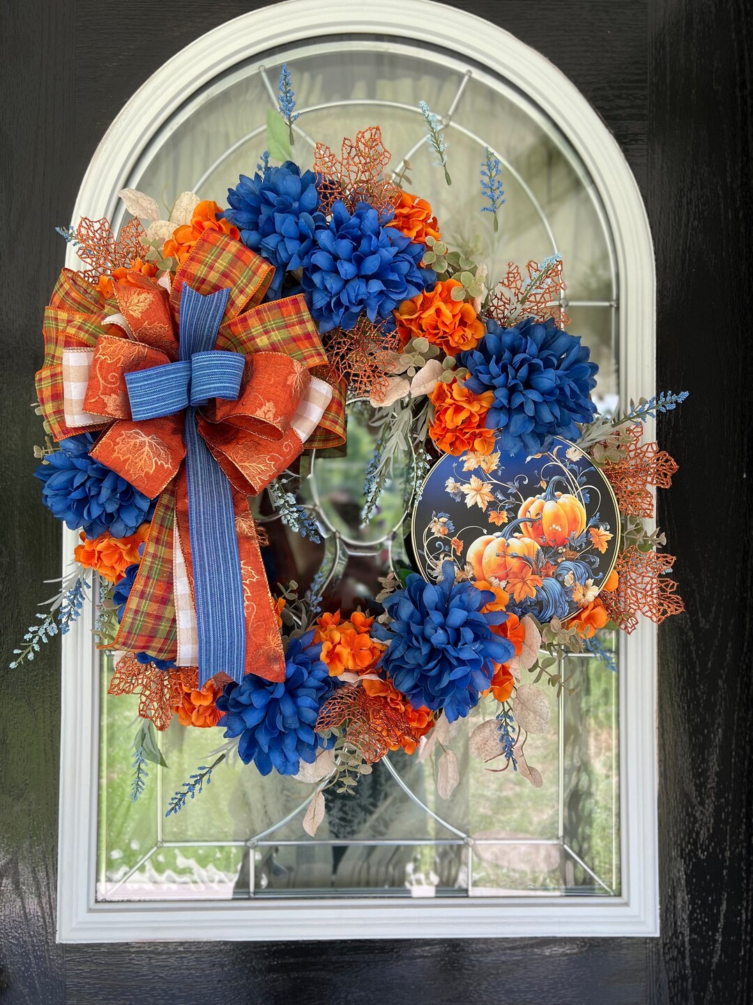 Navy Blue & Orange Pumpkin Wreath, Fall Wreath , Autumn Wreath, Navy Blue Wreath, Front Door ...