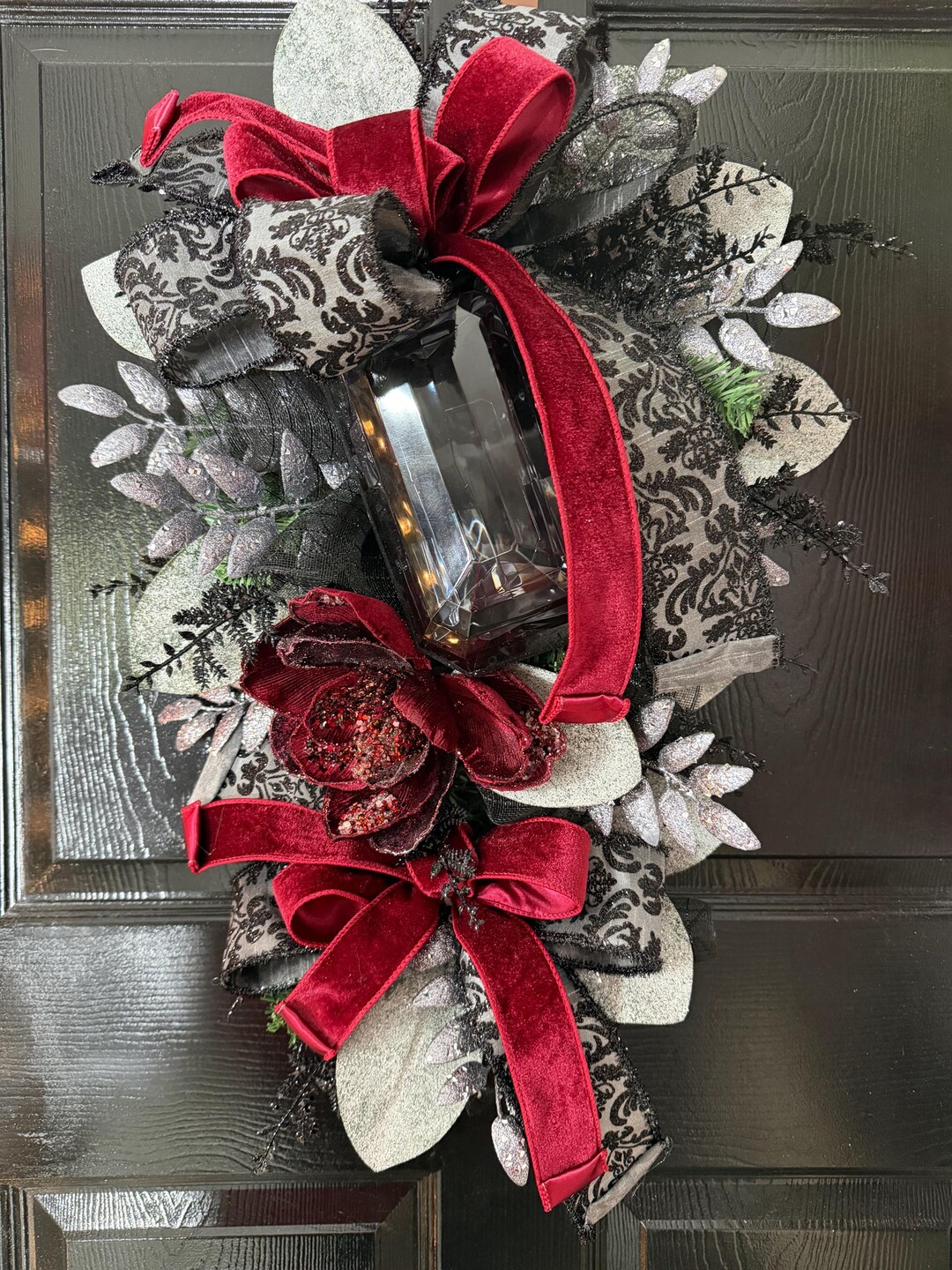 Handmade Burgundy Velvet Christmas Swag, Black Damask Ribbon - Etsy