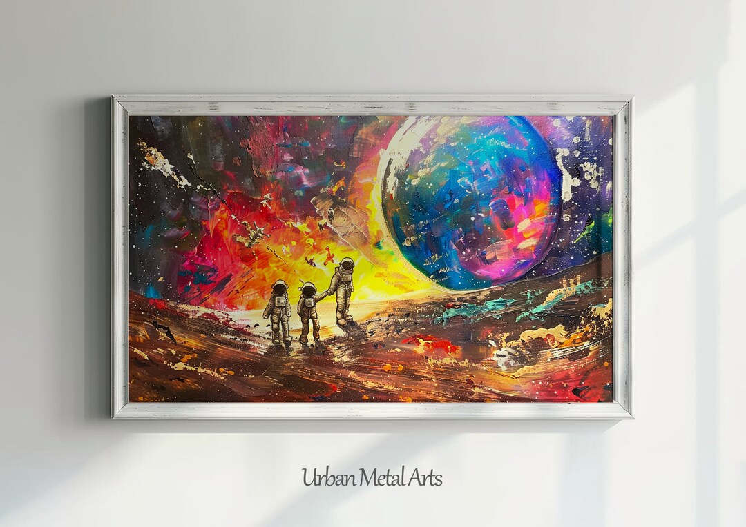 Space Dad With Space Kids Oil Painting Digital Print Nursery Room Art ...