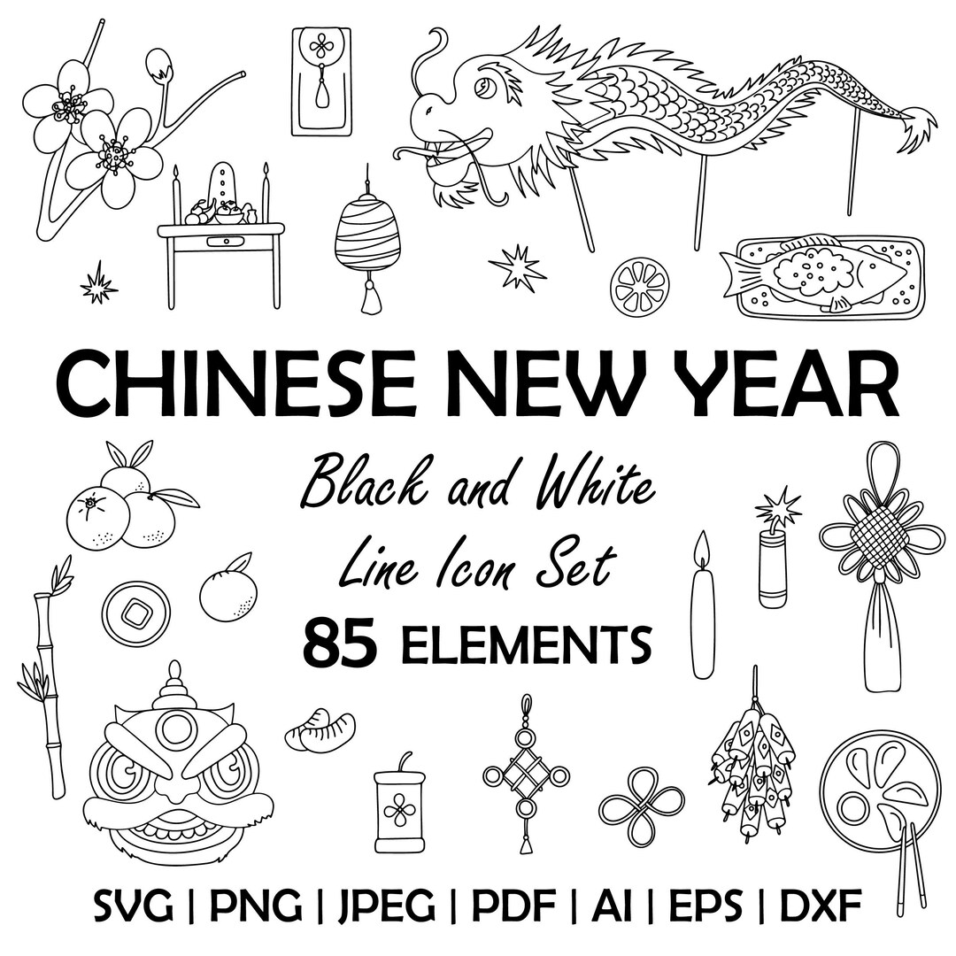 Chinese New Year Line Art Icon Set Black and White Line Icon Set SVG ...