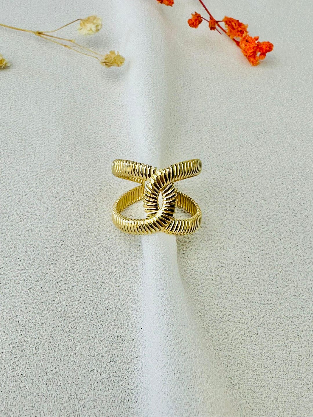 Adjustable SERAPHINA Ring in Gold Stainless Steel for Women - Gold Double Interlocking Ring ...