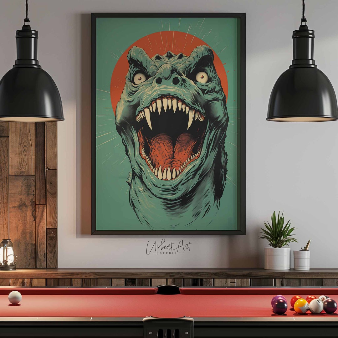 Retro Monster Poster, Monster 50s Art, Man Cave Decor, Horror T-rex Art ...