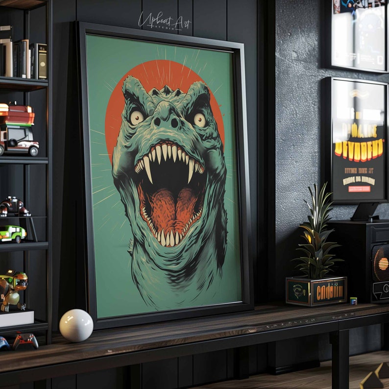 Retro Monster Poster, Monster 50s Art, Man Cave Decor, Horror T-rex Art ...