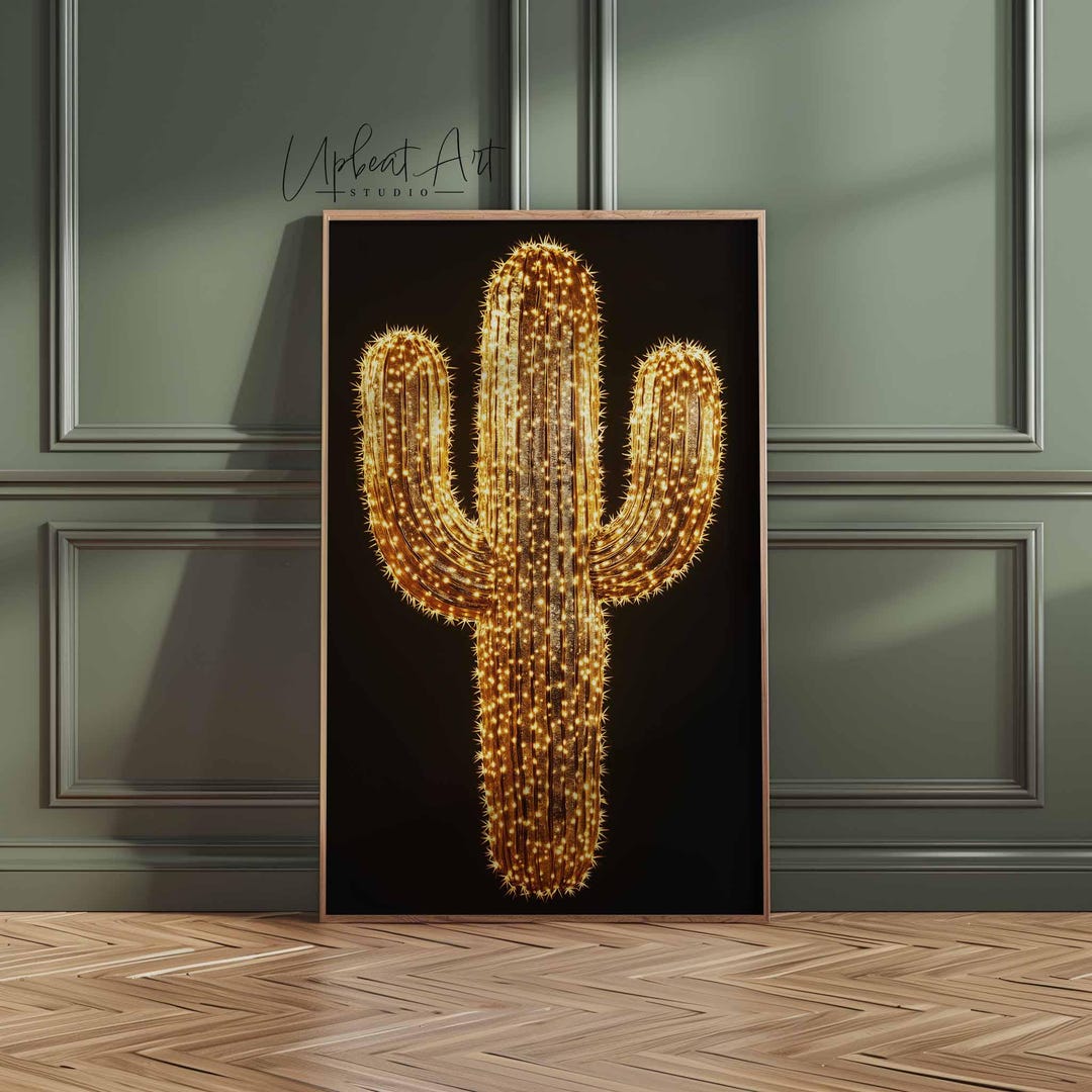 Black and Gold Cactus Wall Art Poster, Luxurious Desert Light Wall Art ...
