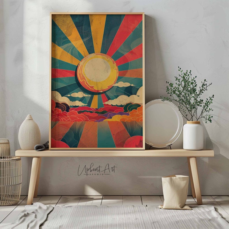 Retro Sun Poster, Printable Vintage Wall Art, Sunburst 70s Decor, Sun ...