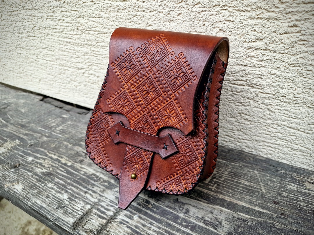 Leather Belt Pouch With Slavic Symbols, Leather Hip Bag, Hand Crafted ...