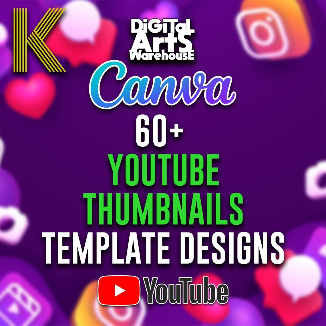 SET K 60+ Youtube Thumbnail Canva Templates | Editable Video Cover ...