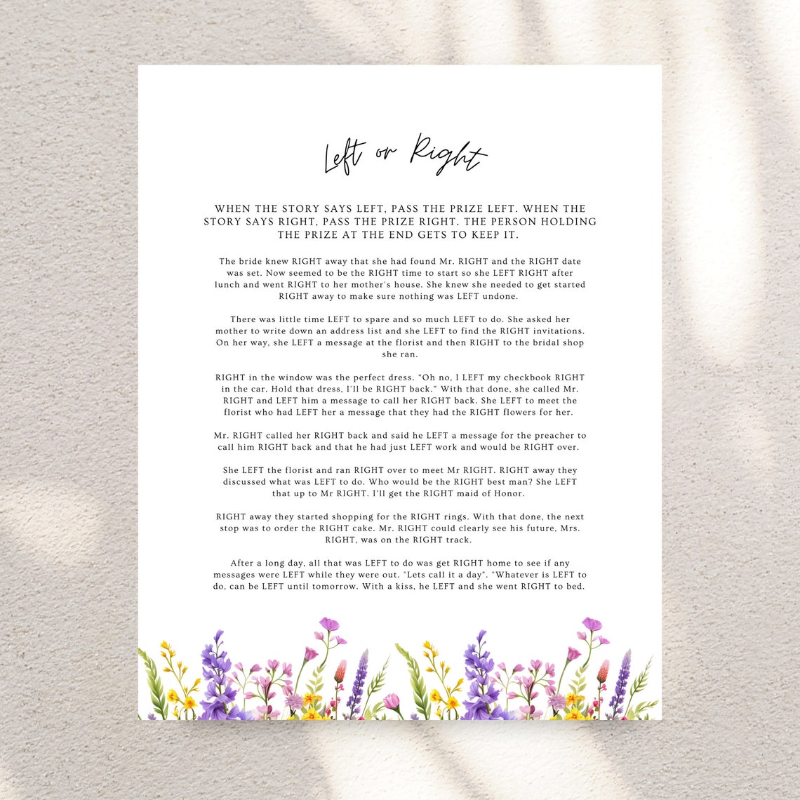 Left Right Bridal Game Template, Pass the Poem, Digital Download, Hen ...