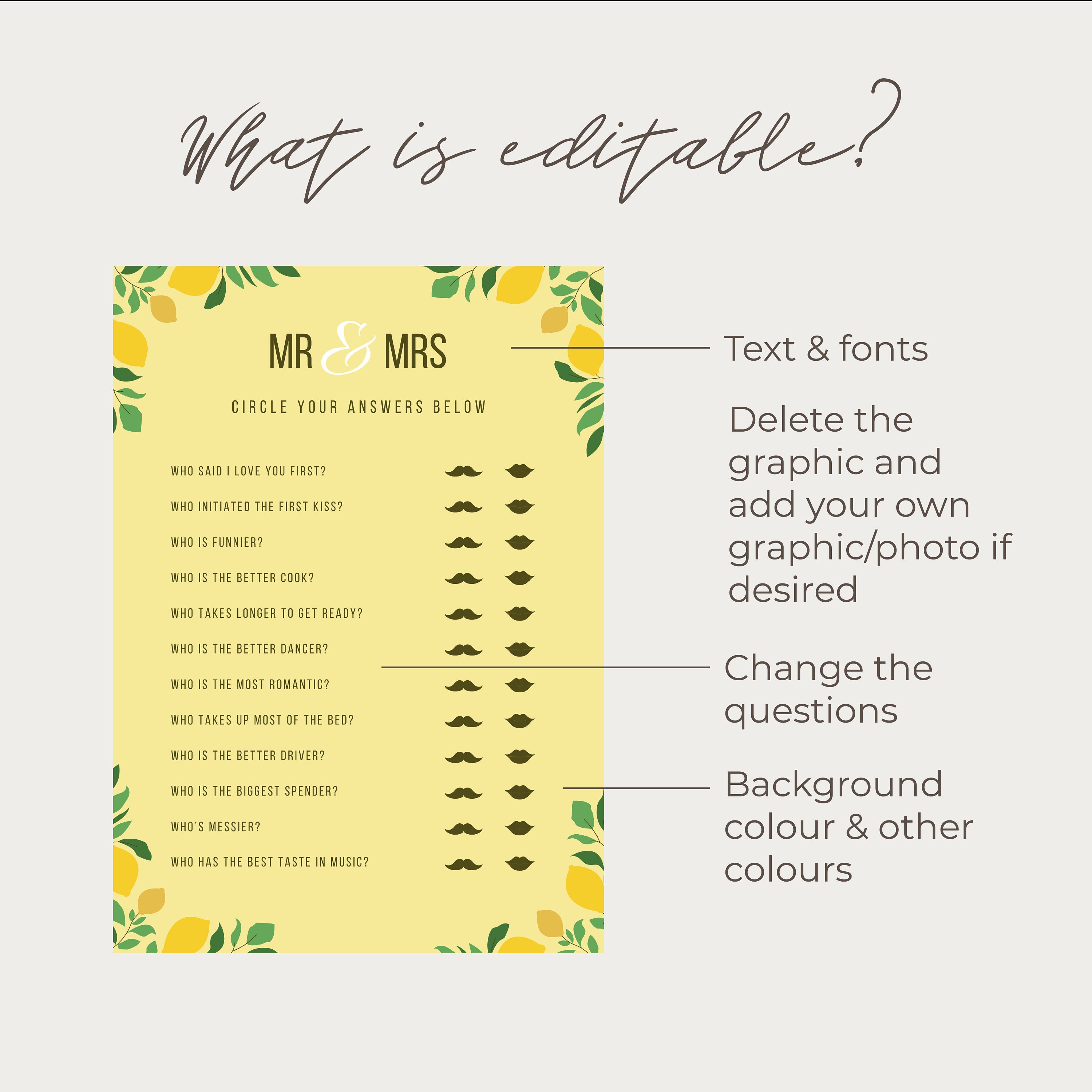 Lemon Bridal Shower Game Template, Personalised Printable Mr & Mrs ...