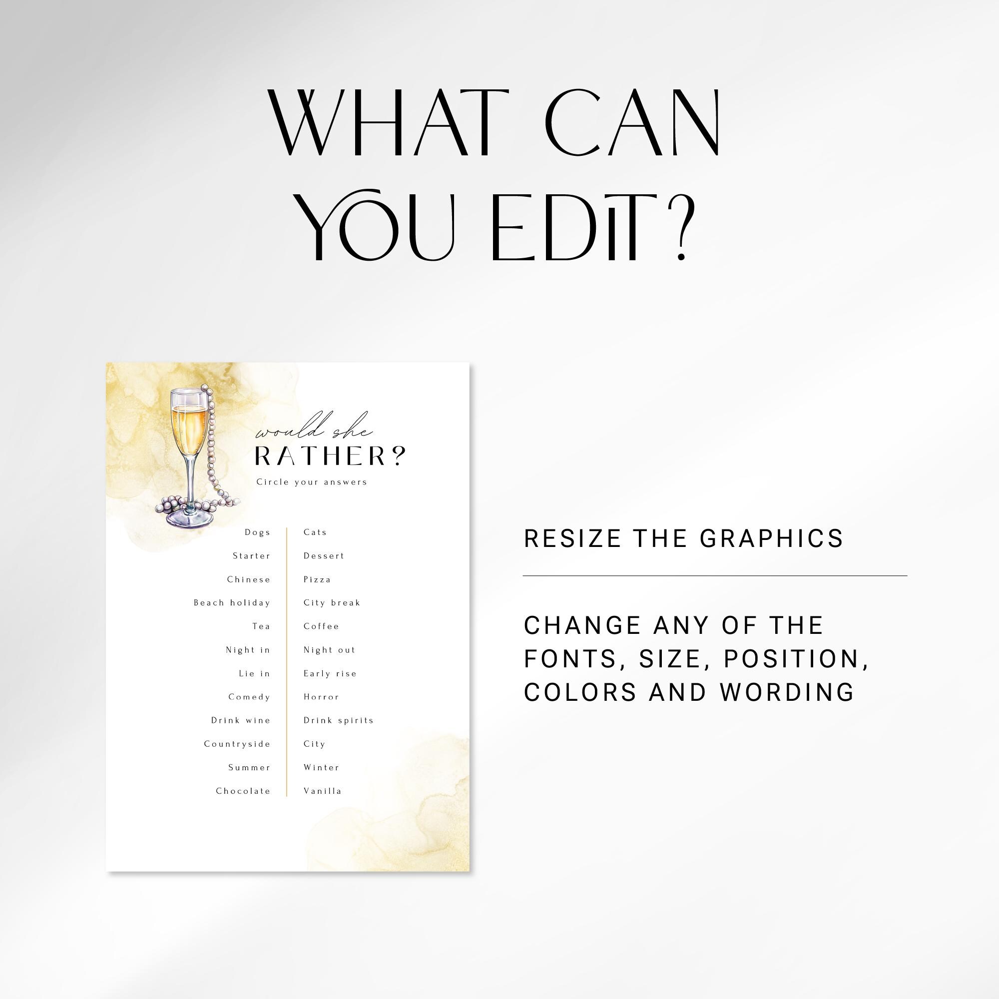 Pearls and Prosecco Bridal Shower Canva Template, Would She Rather Game ...