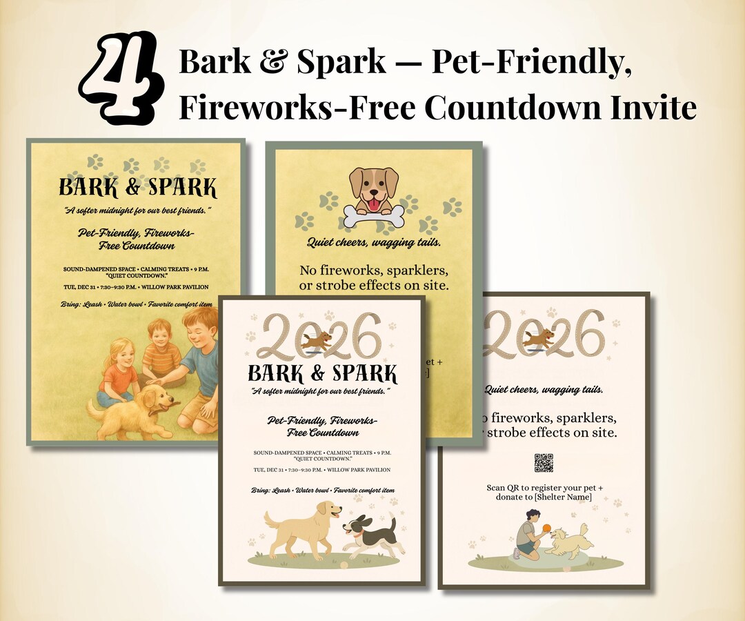 Bark & Spark™ Fireworks-free New Year Invite • Pet-friendly NYE • 5x7 ...