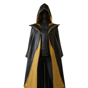 Pure Yellow and Black Leather Hooded Cloak Handmade Black Leather ...