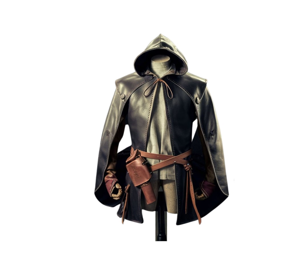 Handmade Black Leather Hooded Cloak: Medieval Cosplay Vest - Etsy