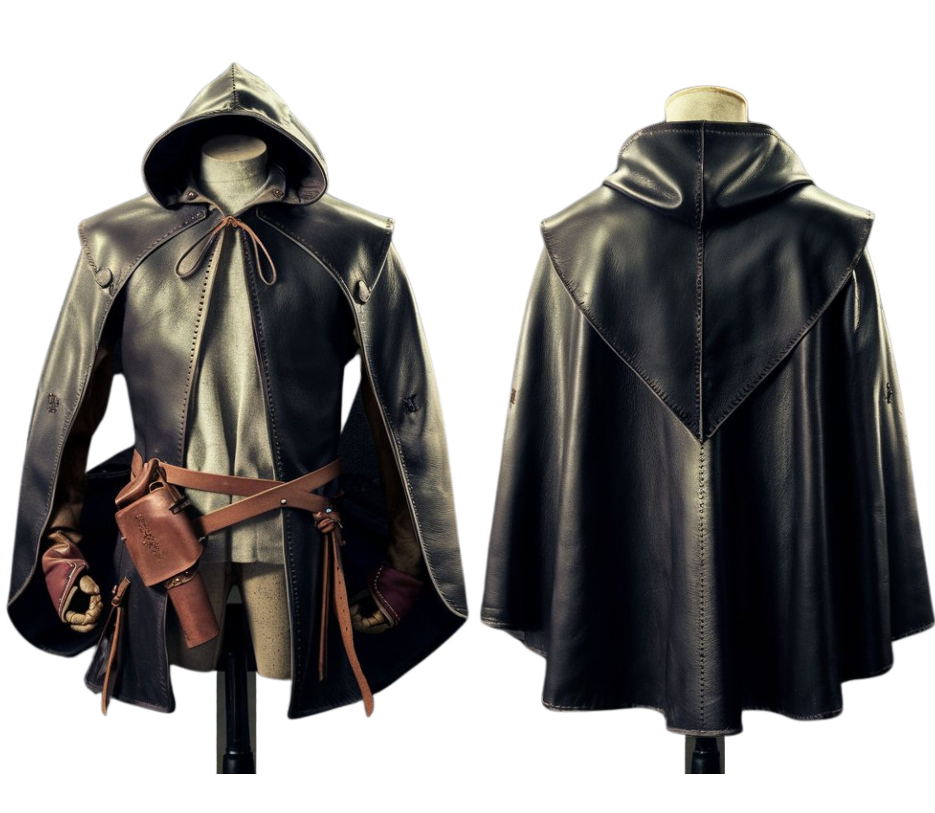 Handmade Genuine Black Leather Medieval Hooded Cloak Leather Cloak With ...