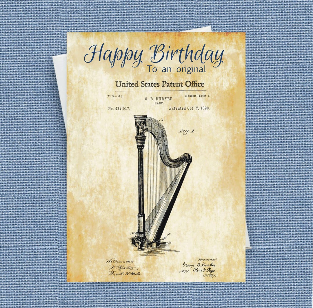 Harp Birthday Card, Personalize This Patent Print for the Harp Player ...