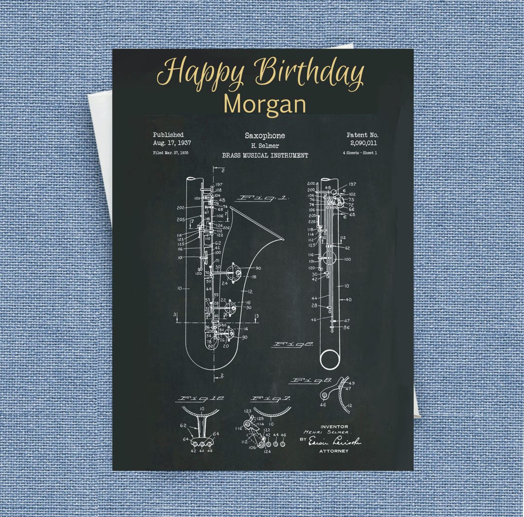 Saxophone Birthday Card, Patent Print Card for the Saxophone Player, a ...