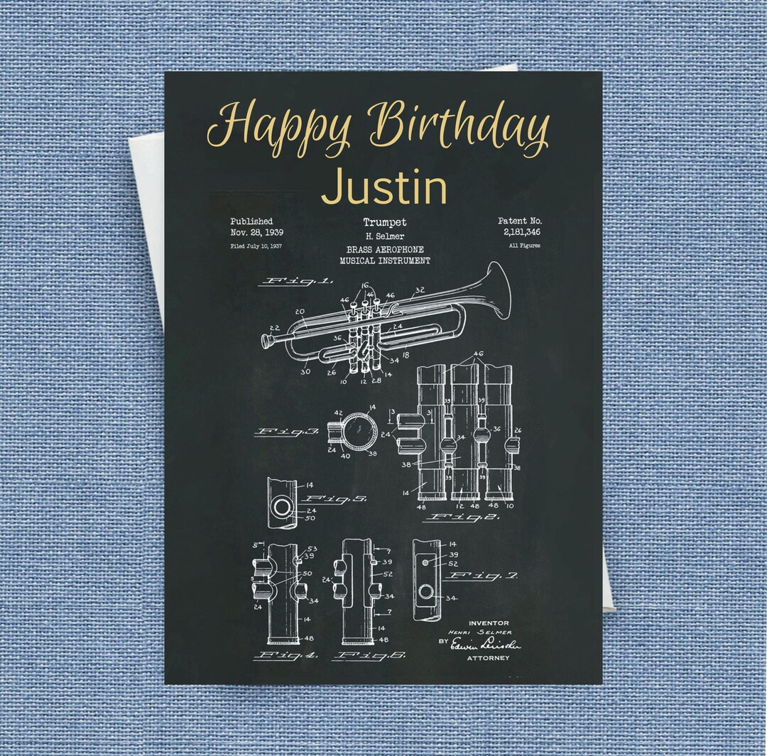 Trumpet Birthday Card: 1939 Patent Print, Musician Gift, FREE to ...