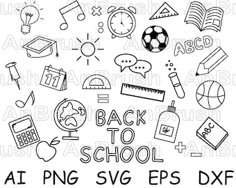School Doodle Clipart, Back to School, School Icons, School Supplies ...