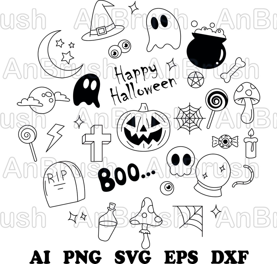 Halloween Doodle Clipart, Cute Clipart, Halloween Icons, Doodle Line ...