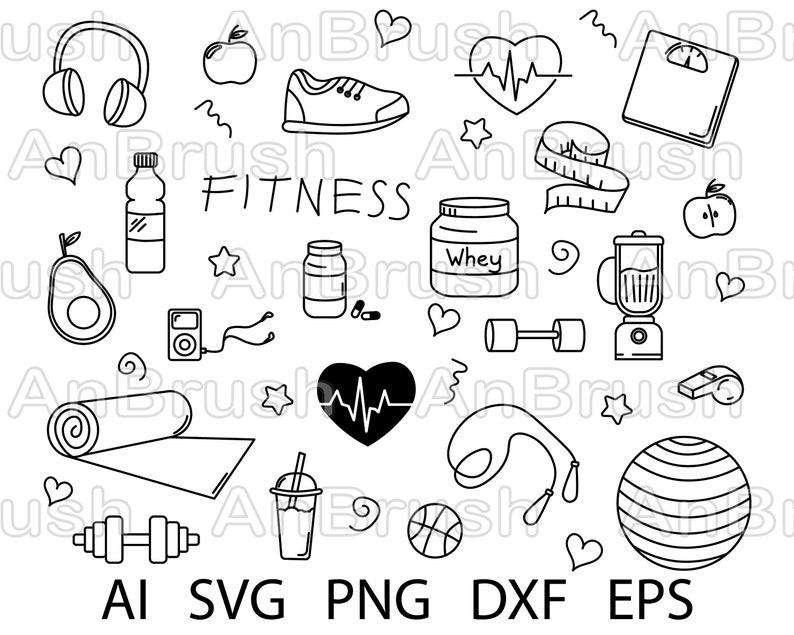 Fitness Doodle Clipart,fitness Clipart,fitness Icons,sport Icons,doodle ...