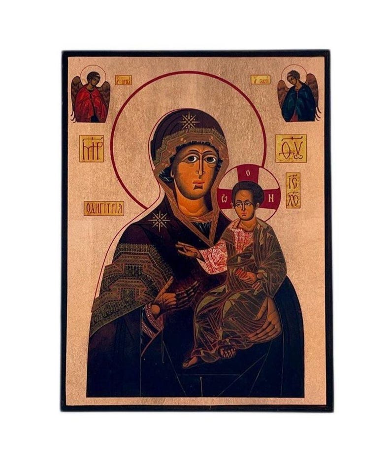 Virgin Mary Greek Orthodox Rose Gold Leaf Wooden Icon Byzantine Wall ...