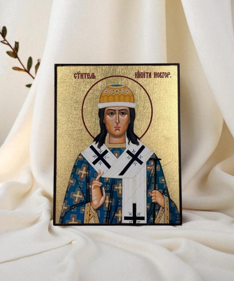 Saint Nikita of Novgorod Greek Orthodox Gold Leaf Wooden Icon Byzantine ...