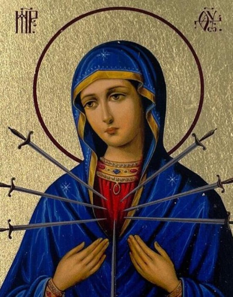 Virgin Mary With Seven Swords Greek Orthodox Gold Leaf Wooden Icon ...