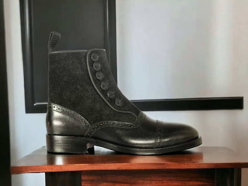 Black Suede Button Handmade Leather Boots for Men, Men's Ankle High Cap ...