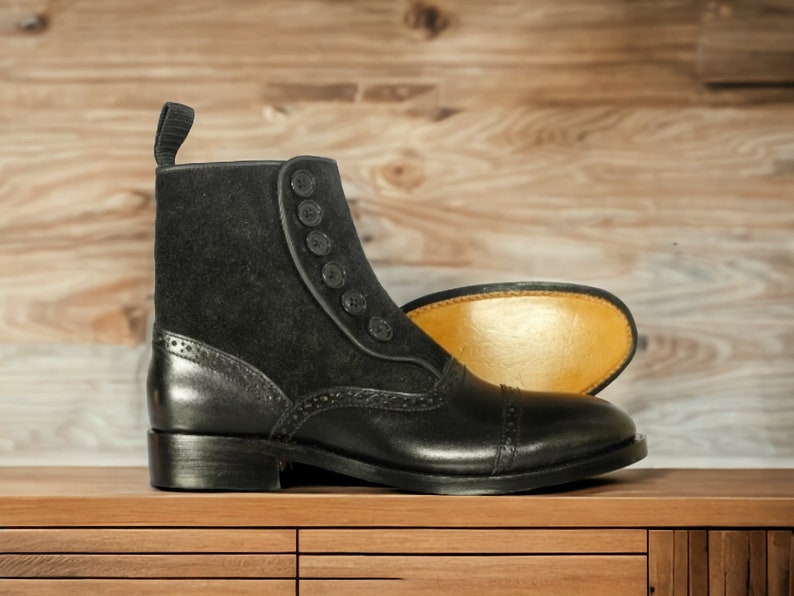 Black Suede Button Handmade Leather Boots for Men, Men's Ankle High Cap ...