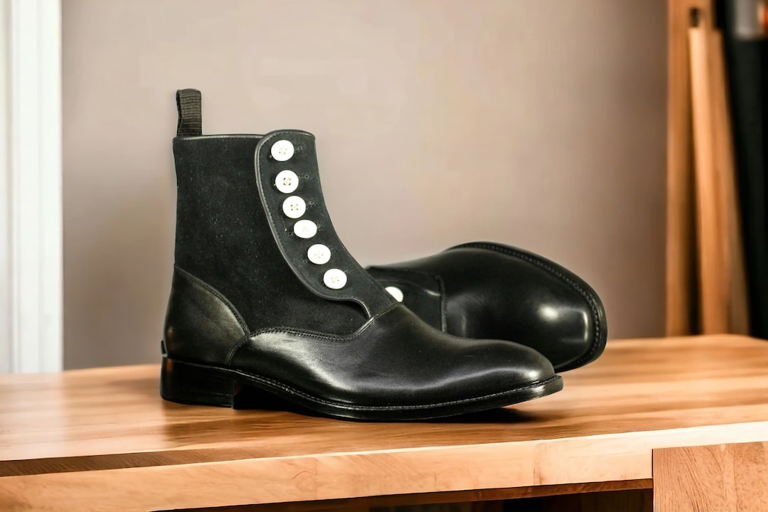 Black Color Leather Suede Ankle High Button Boots for Men, Mens ...