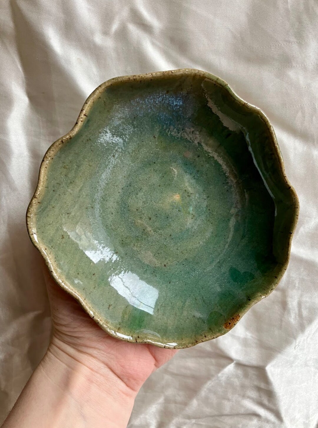 Petite Handmade Ceramic Slab Bowl, Green and Light Blue Glazed ...