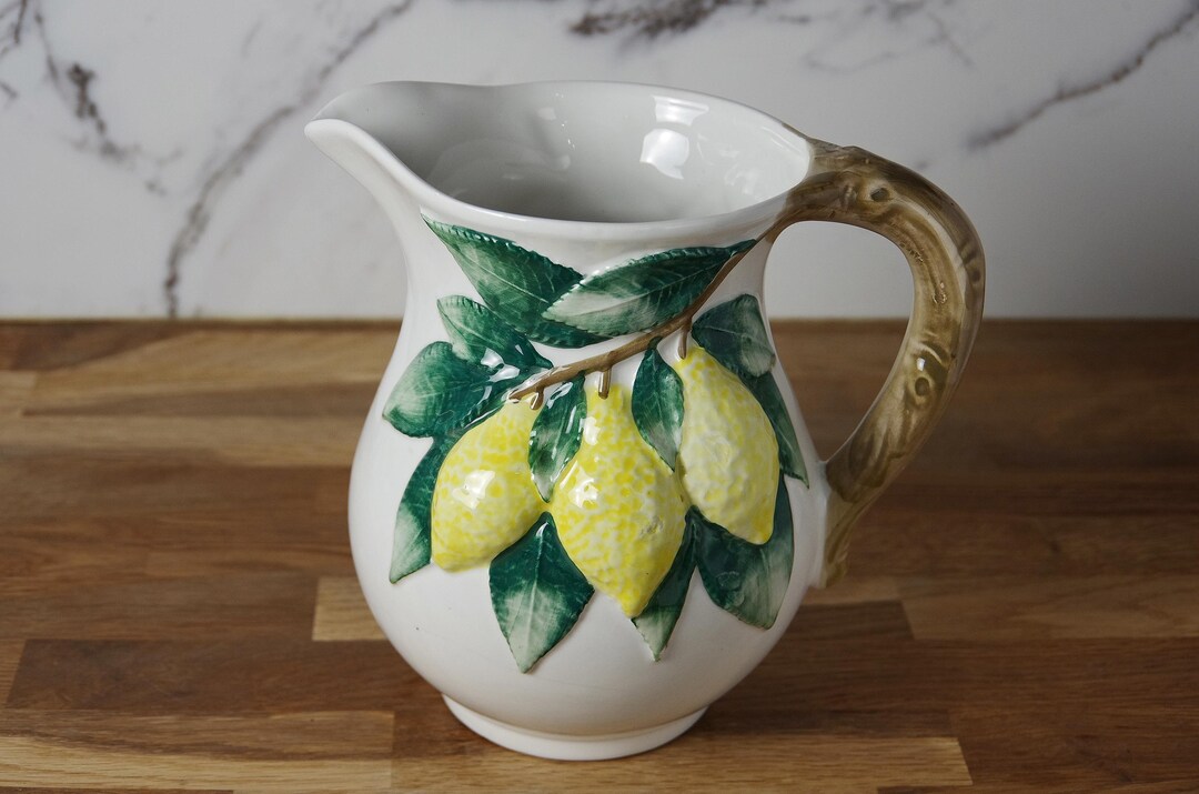 Vintage Lemon Pitcher Pottery Lemonade Jug Hand Painted Italian ...