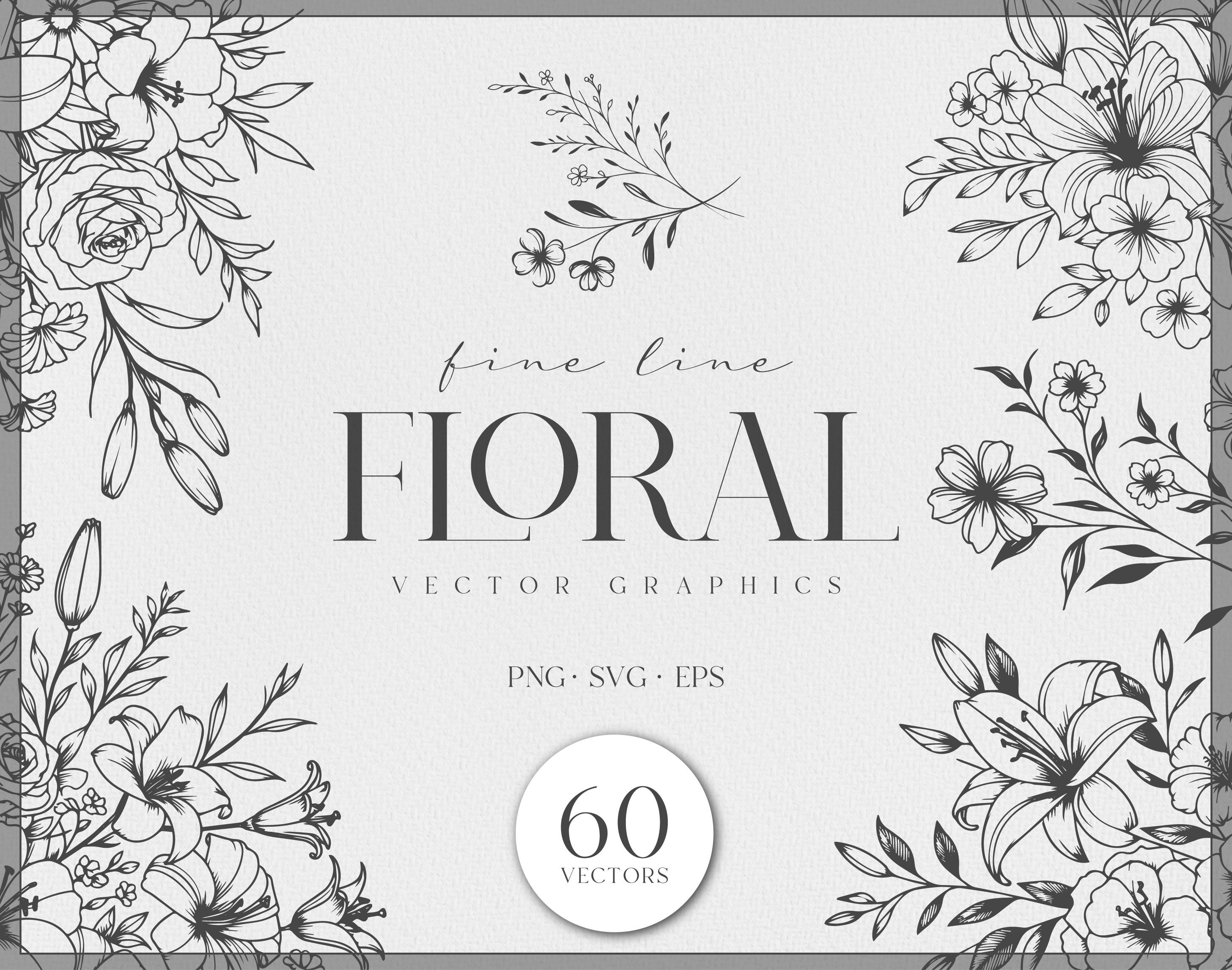 Floral Vector Graphics Bundle, Botanical Line Art SVG, Vector Clipart ...
