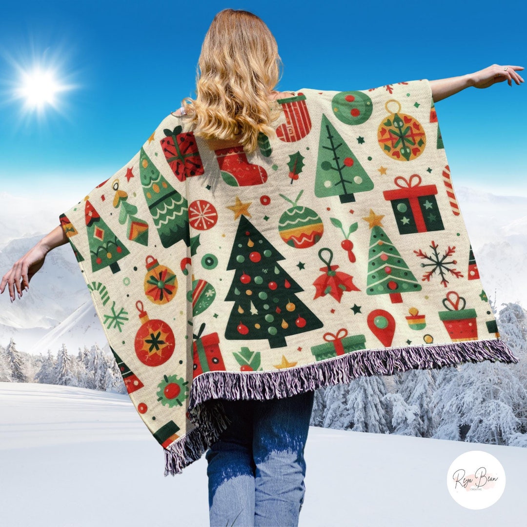 Christmas Holiday Poncho, Xmas Trees Cotton Cozy Holiday Season ...