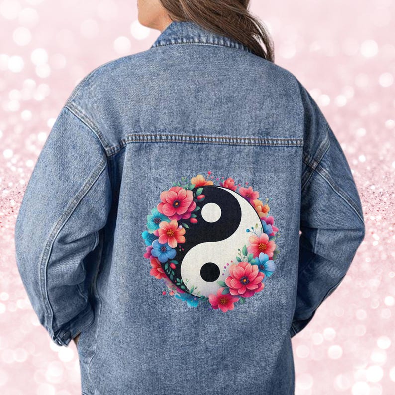 Yin Yang Floral Jean Jacket Universe Balance, Oversized Women's 90s ...