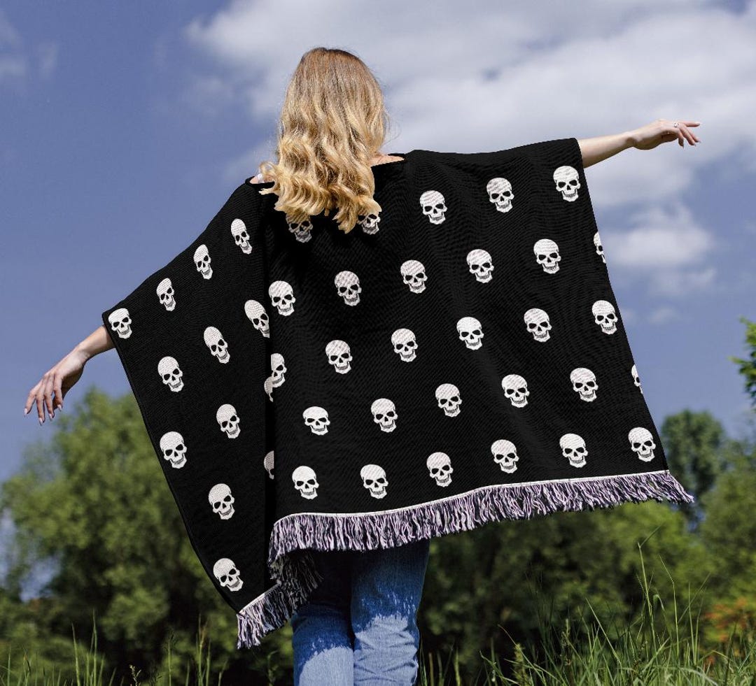 Goth Skull Poncho, Woven Cotton Wearable Gothic Blanket, Edgy Cute ...