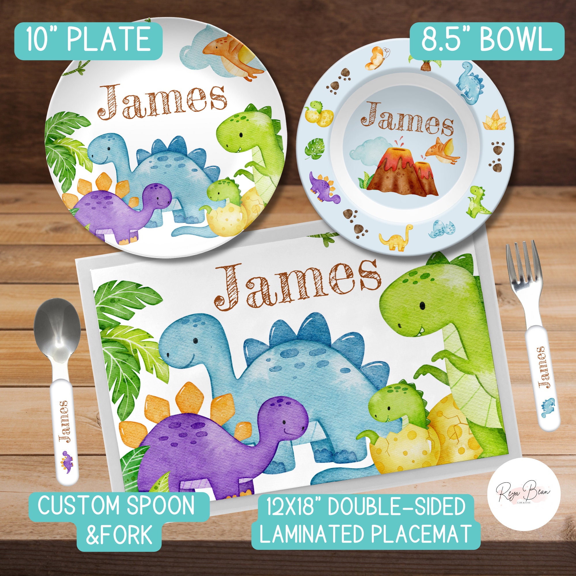 Custom Dinosaur Plate Bowl Placemat Fork and Spoon Set Kid's Name ...