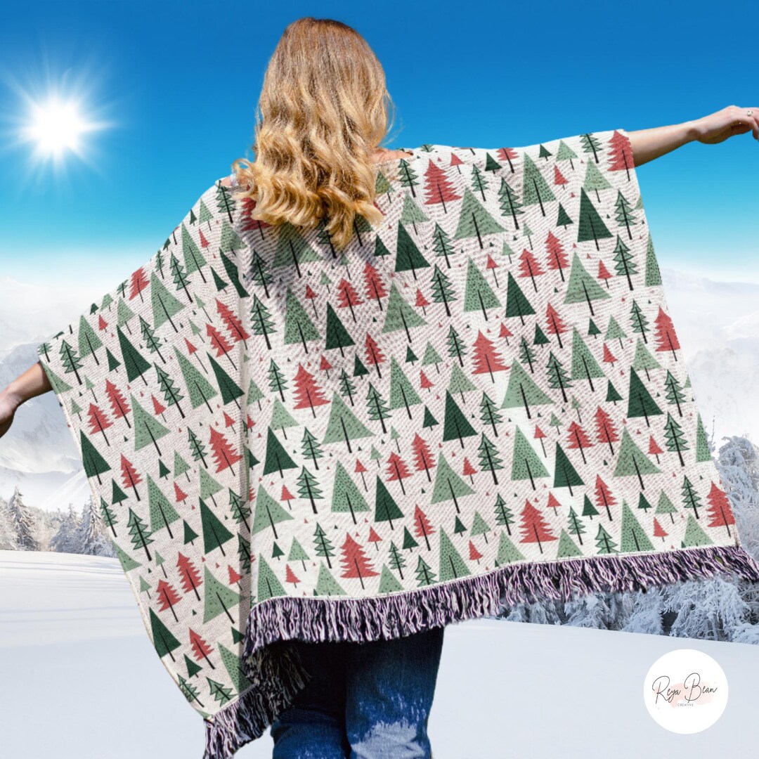 Christmas Trees Holiday Poncho, Green Red Holiday Woven Cotton Cozy ...