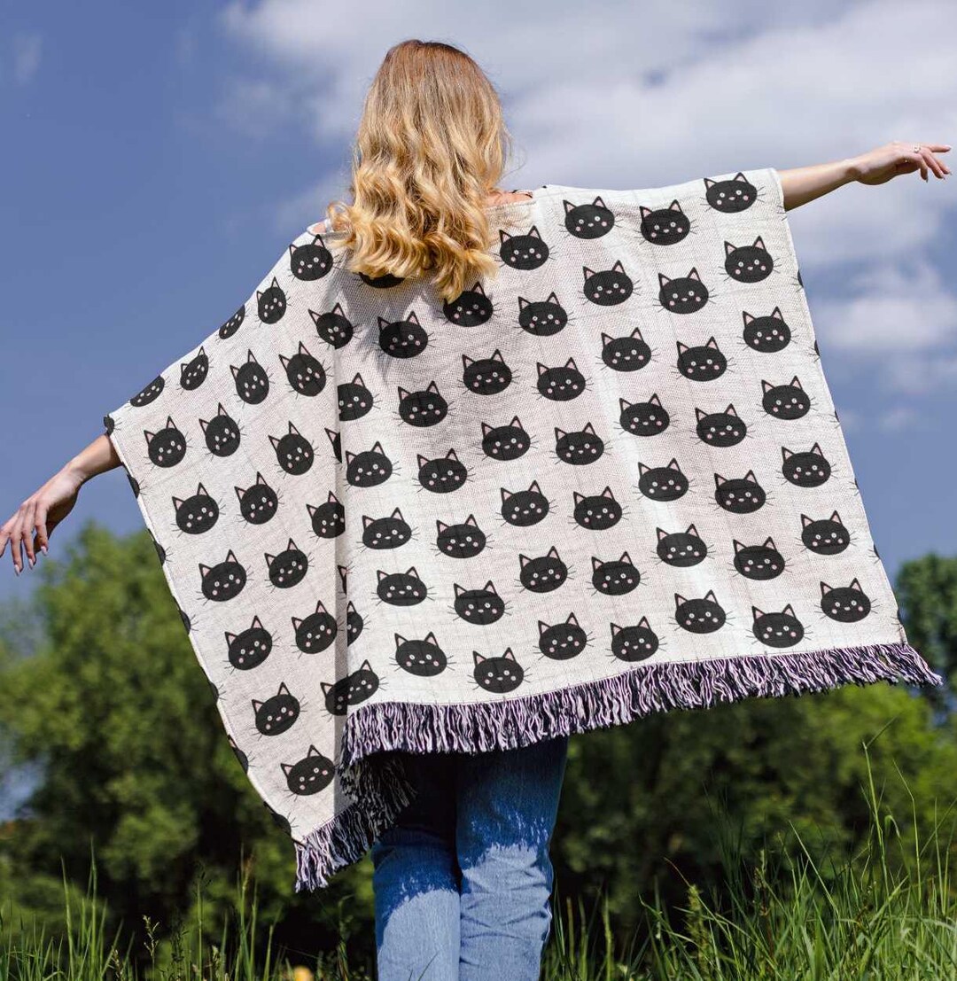 Cute Cat Poncho, Woven Cotton Wearable Black Kitty Blanket, Cute ...