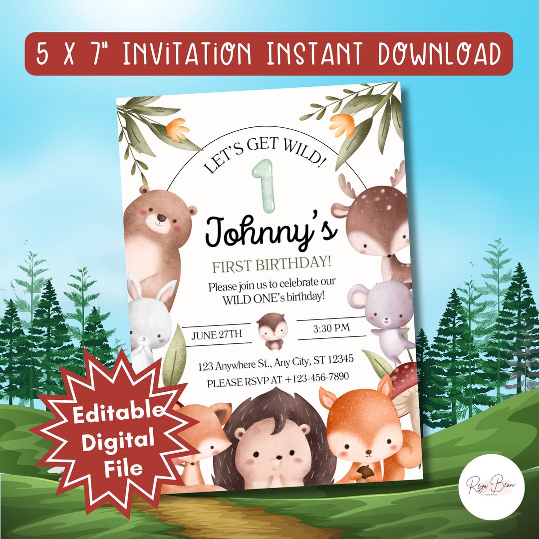 First Birthday Woodland Animals Invitation Self-editable Digital ...